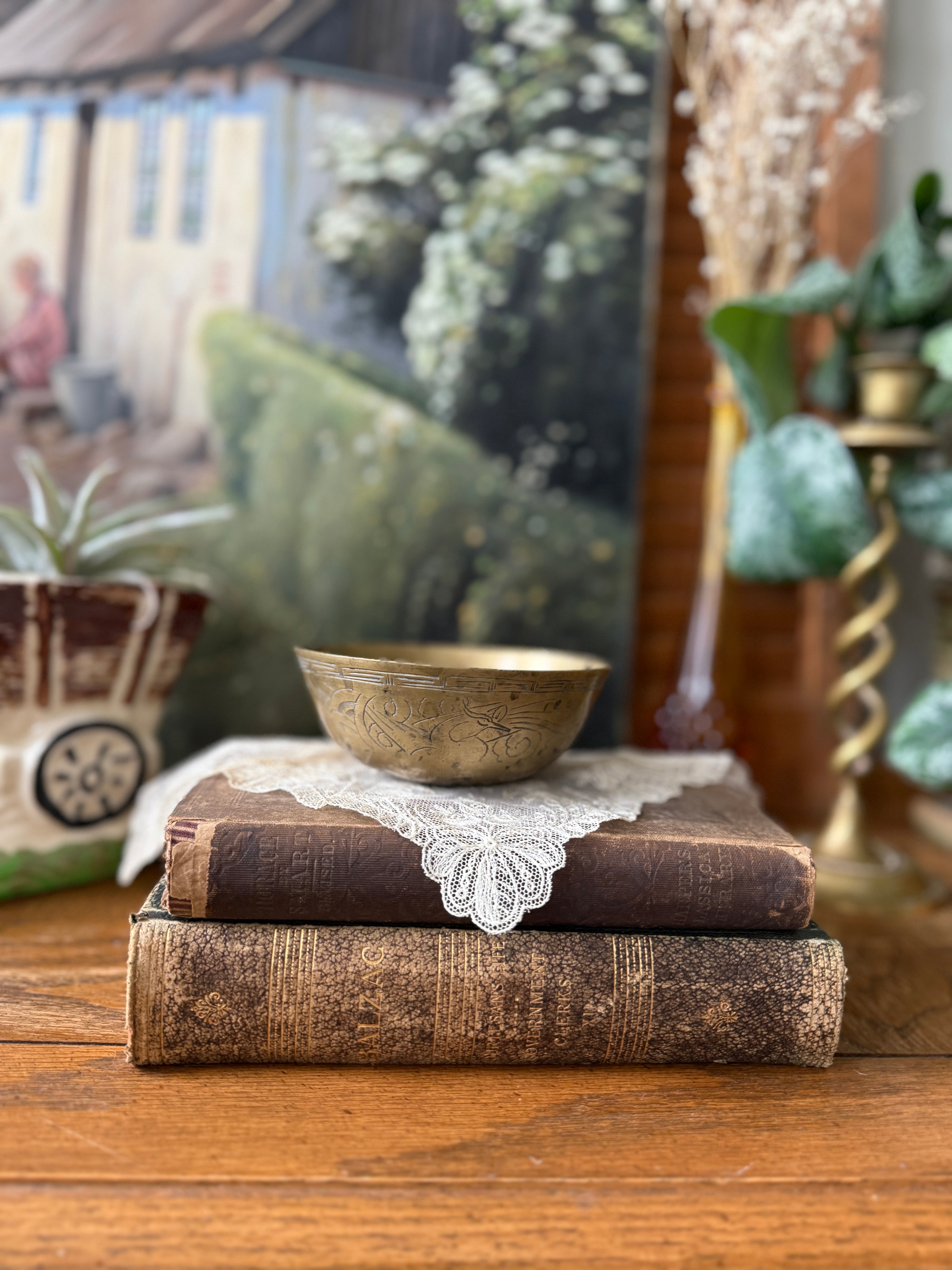 Small Etched Brass Bowl – Finches & Ferns